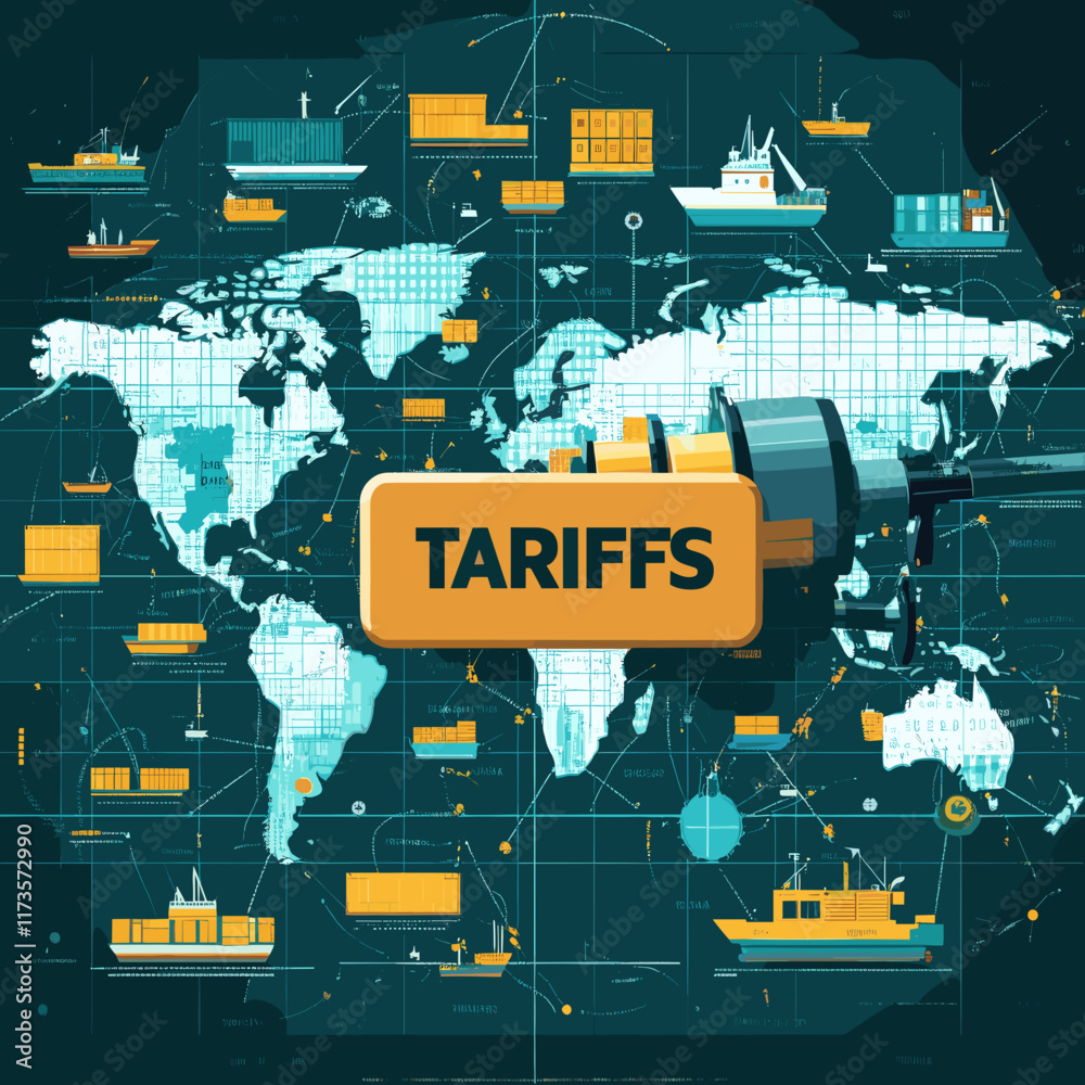 Global Trade Tariffs Map with Shipping Containers and Cargo Vessels ...
