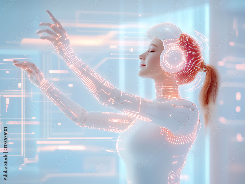 Futuristic AI-powered humanoid interacting with a virtual interface ...