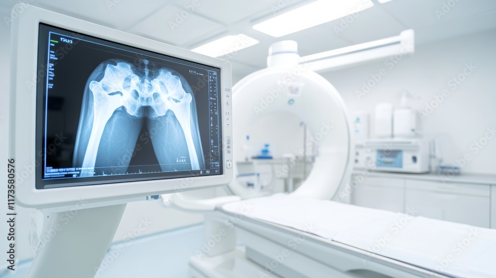 Pelvis x ray displayed on a monitor in a modern hospital room with a ct ...