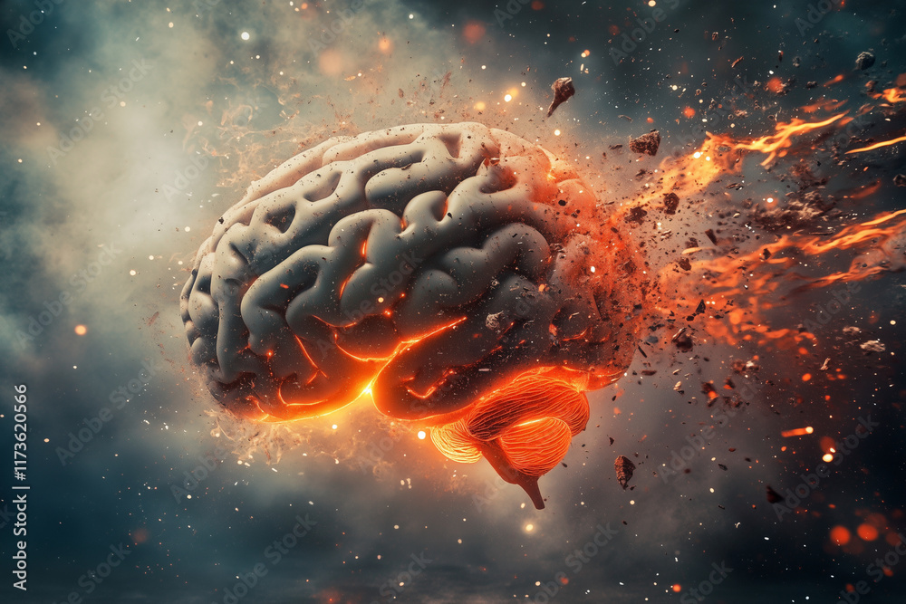 brain is exploding in a fiery explosion. The brain is surrounded by a ...