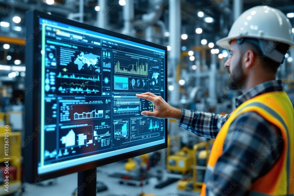 Engineer analyzing data on a digital screen in a modern industrial ...