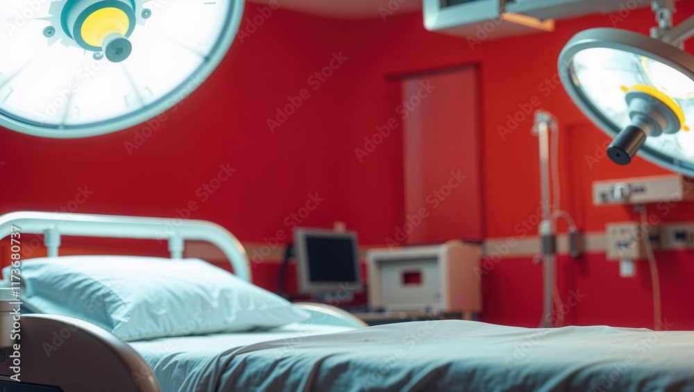 Hospital operating room with surgical lights and empty patient bed ...