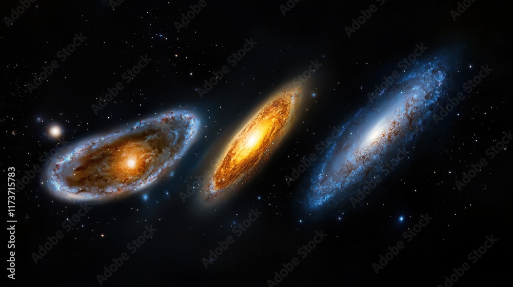 Three different shaped galaxies are shown in a black background Stock ...