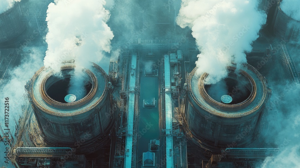 Industrial power plant from above with vibrant steam rising from ...