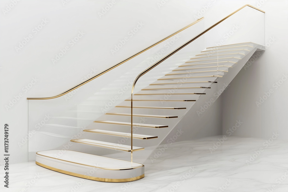 Elegant 3D staircase with floating glass steps and metallic gold ...