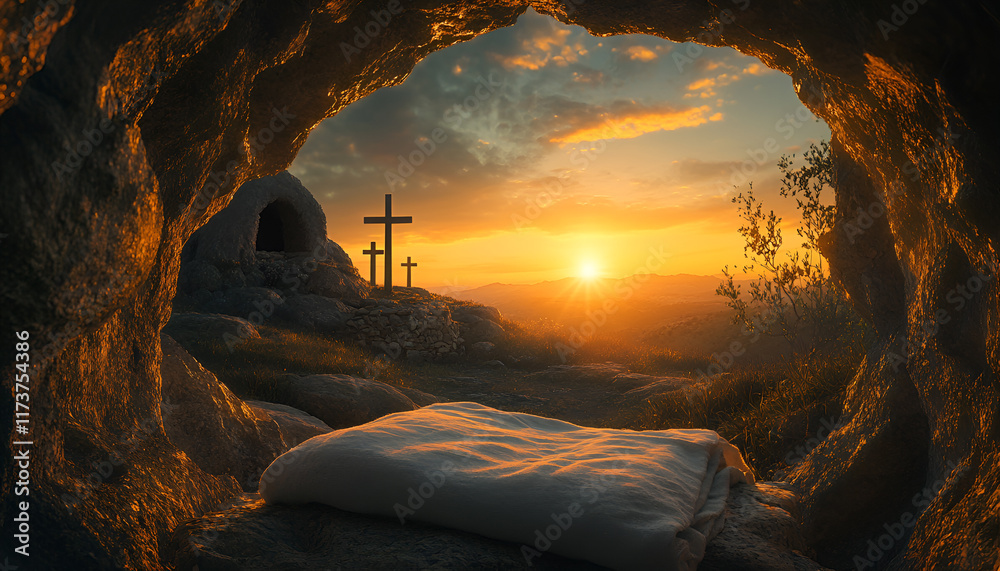 Resurrection of Jesus Christ, empty tom, shroud and defocused crosses on background with flare ...