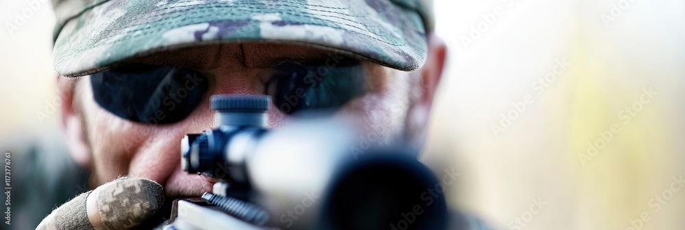 military sniper holding sniper rifle and looking in scope - long-range ...