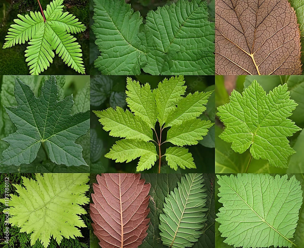 Nine different types of leaves close-up. Stock Illustration | Adobe Stock