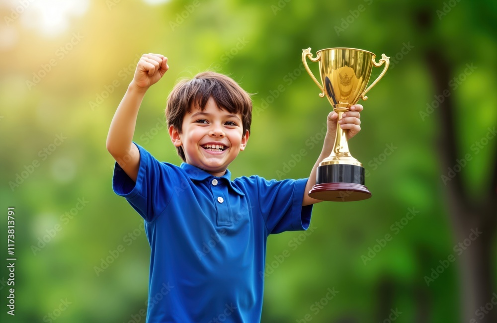 Happy schoolboy holds trophy. Celebrates winning school competition in ...