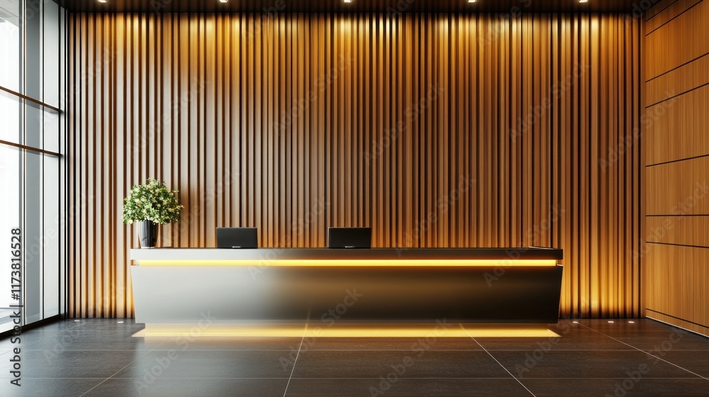 Modern reception desk in a sleek, contemporary lobby with wood paneling ...