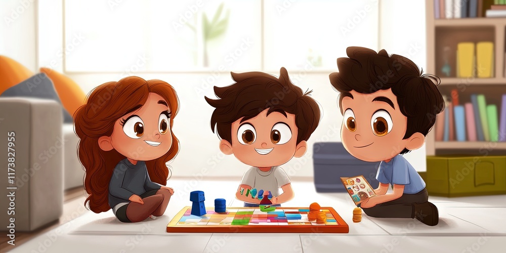 2D animation kids playing board game, living room, Stock Illustration ...