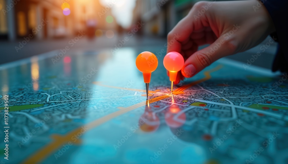 Person marks start, destination points on city map. GPS navigation ...