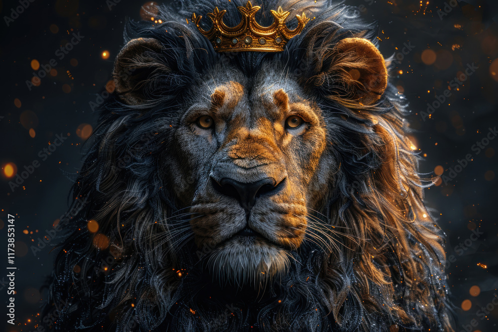 lion with crown, grayscale, portrait, realistic style, dark background ...