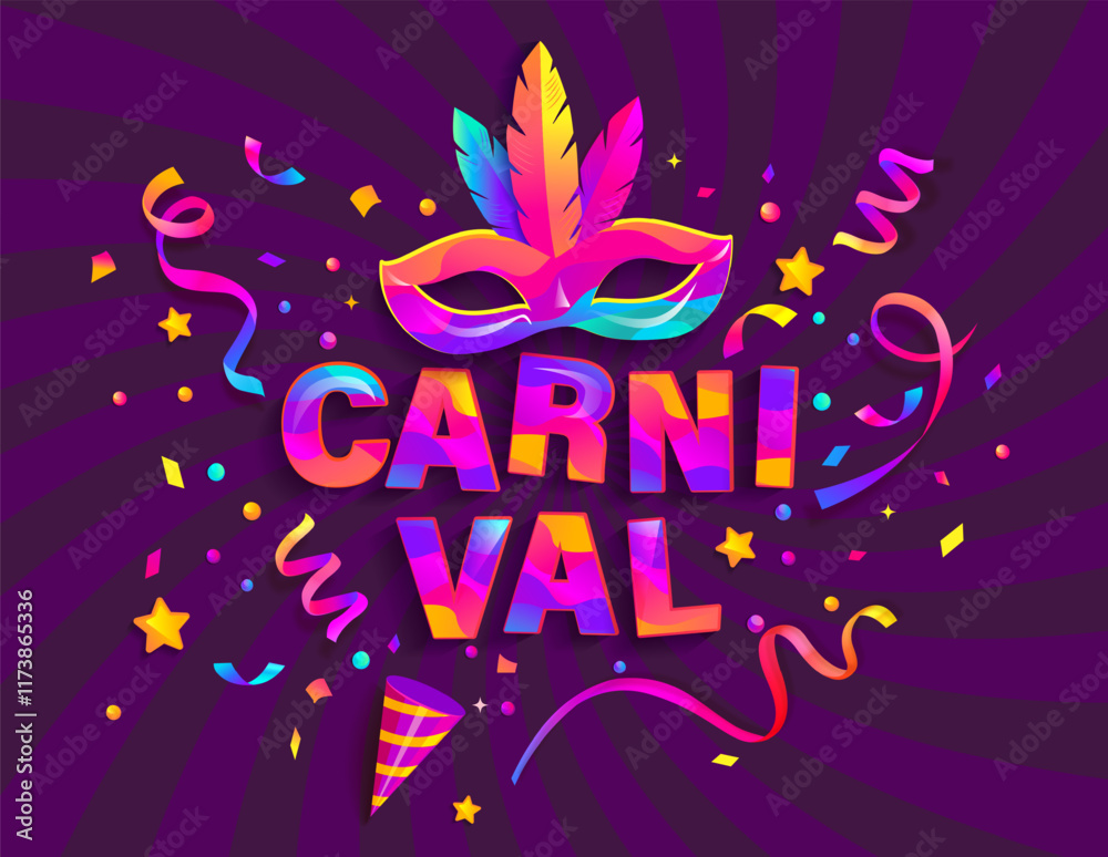 Carnival party bright banner. Mask with feathers for festive on ...