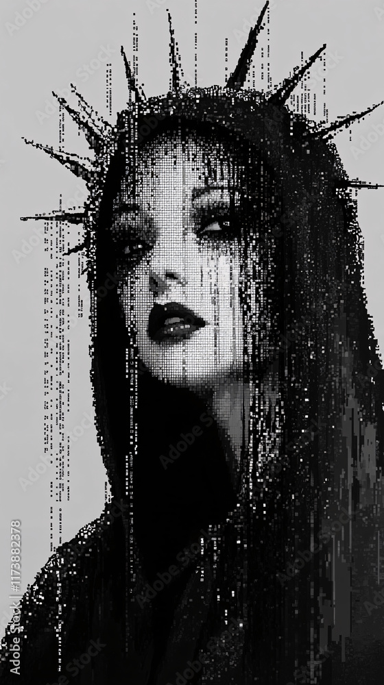 ASCII glitch style monochrome hooded figure wearing spiked crown, dark ...