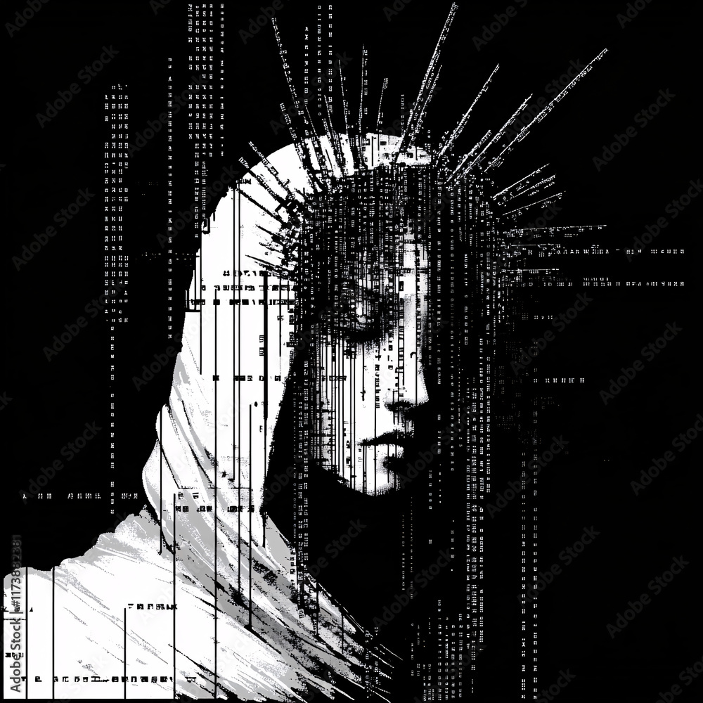ASCII glitch style monochrome hooded figure wearing spiked crown, dark ...