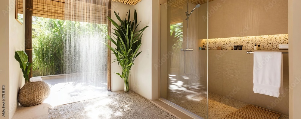 Eco-luxury spa shower with bamboo ceilings, river stone floors, and ...
