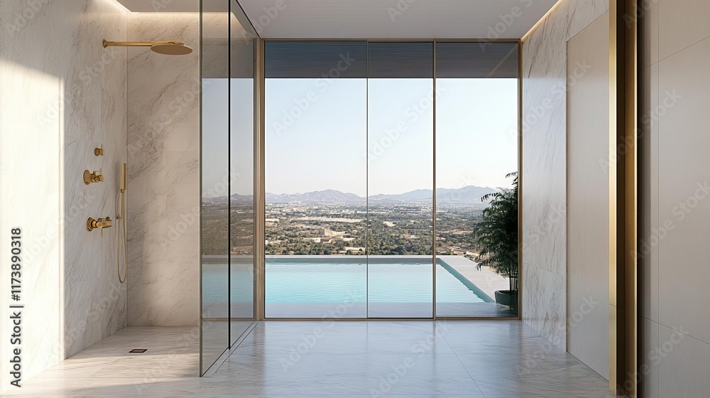 Floor-to-ceiling glass shower with a view of an infinity pool, marble ...