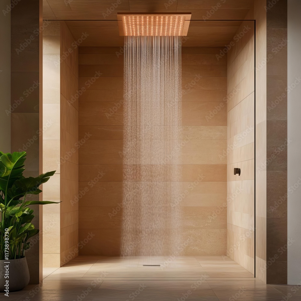 Rain-inspired spa shower with a glowing ceiling head, foggy room, and ...