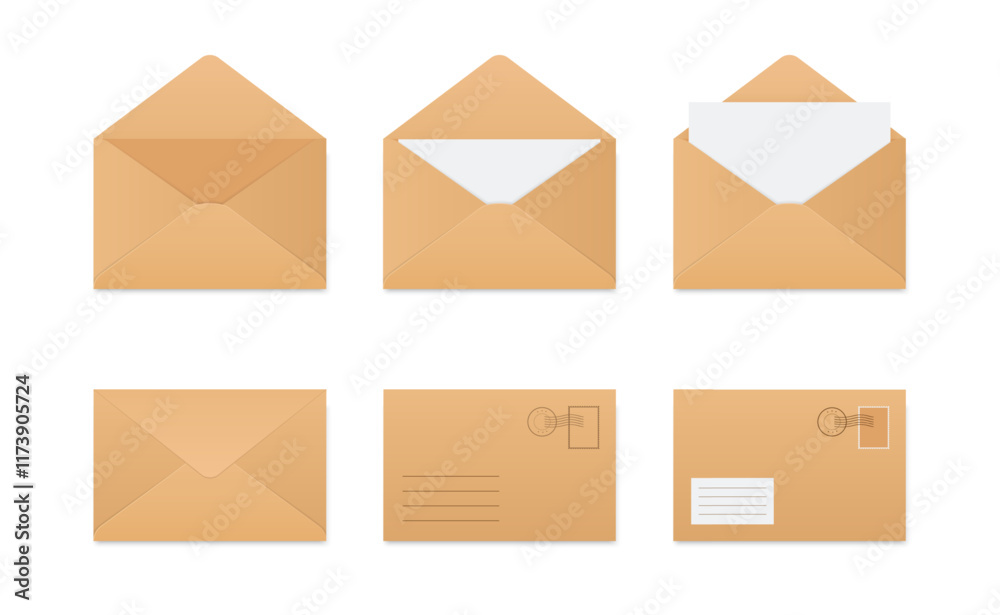 Envelopes with letter closed, open, with postage stamp. Folded and ...