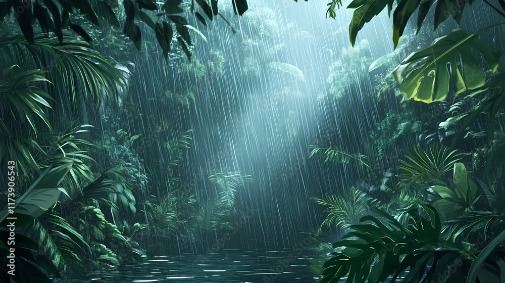 Tropical rainforest scene with heavy rainfall and lush vegetation ...