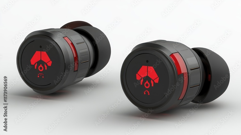 Futuristic wireless earbuds with a sleek black and red design. Perfect ...