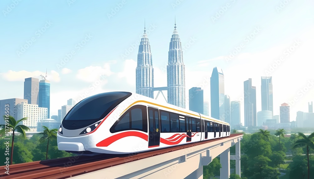 Modern Malaysia MRT Train with Twin Towers Stock Illustration | Adobe Stock