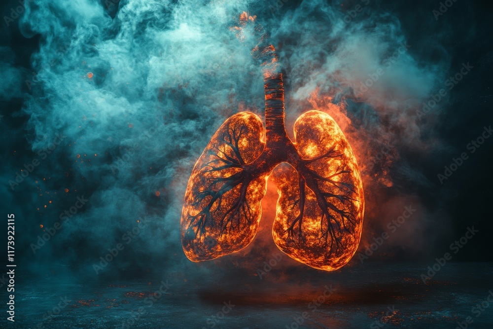 Fiery illustration of human lungs surrounded by smoke demonstrating the ...