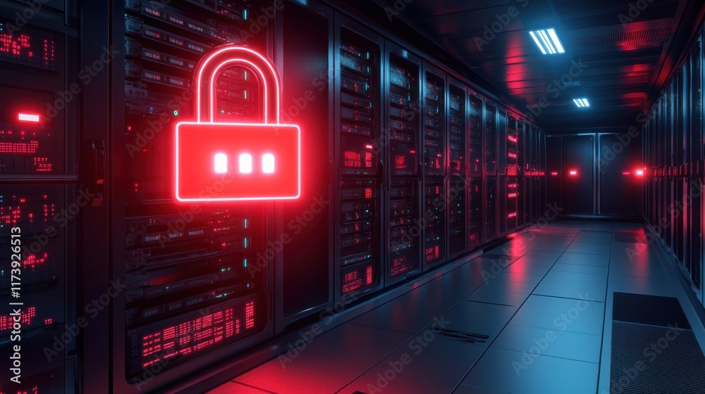Secure data center corridor featuring illuminated lock symbol and server racks during nighttime ...