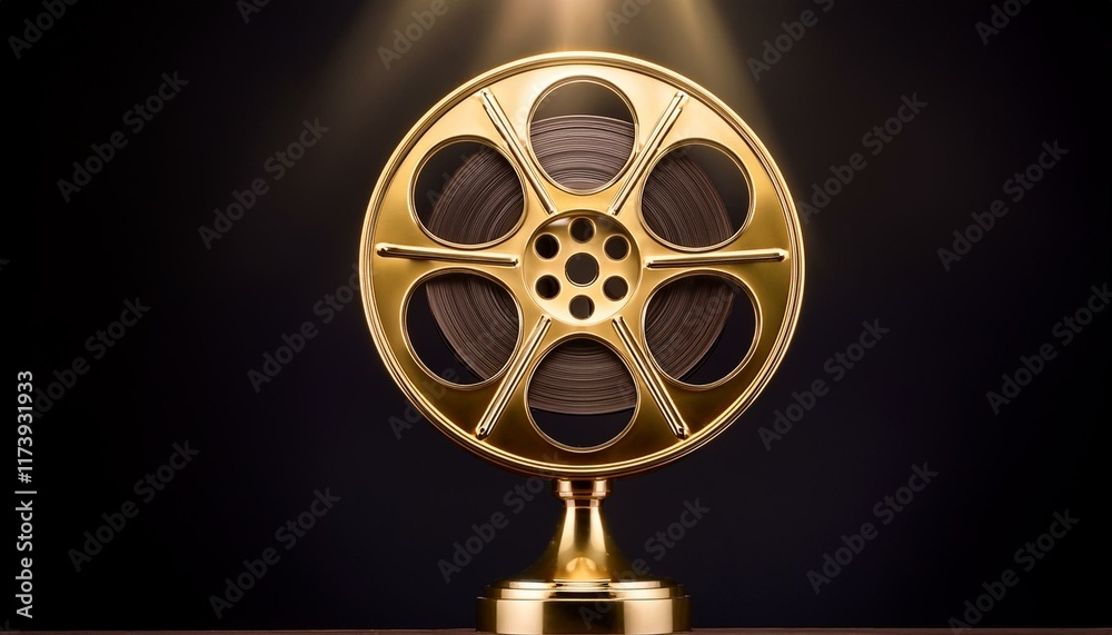 Golden film reel on a stand, spotlight shining down. Classic Hollywood ...