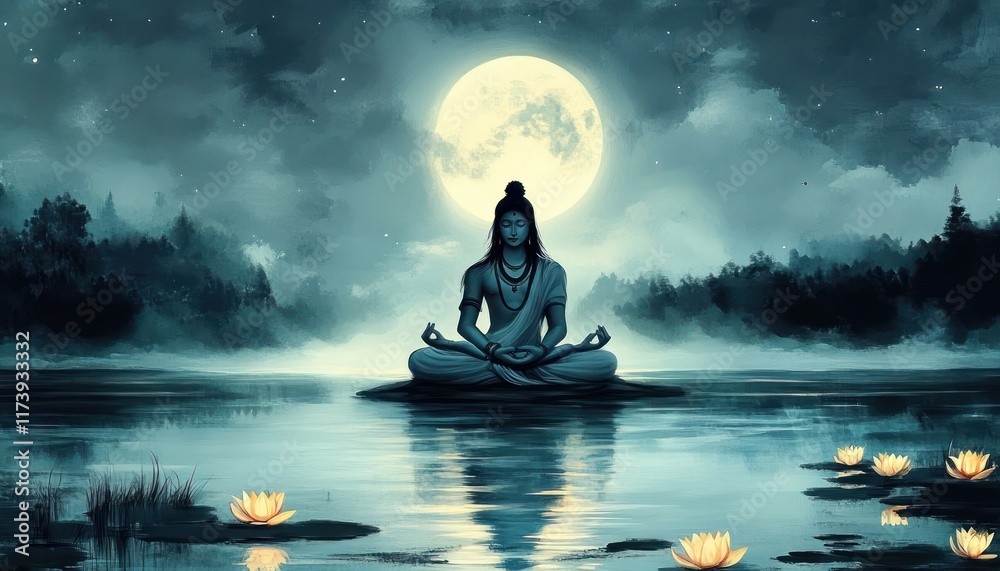 Watercolor Illustration of Lord Shiva with Trident and Lingam at Night ...