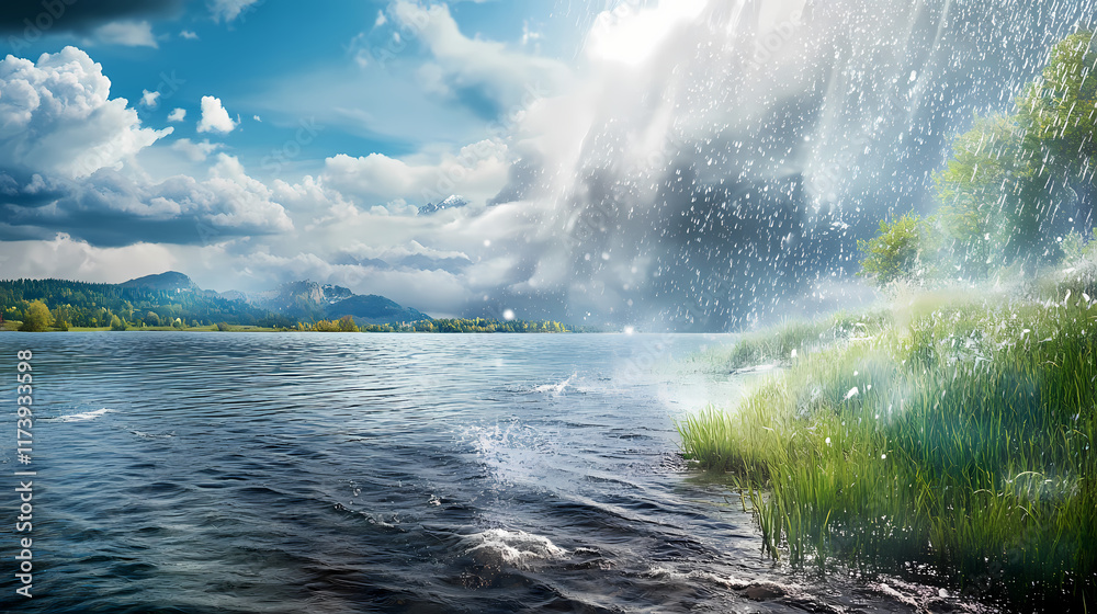 A high-resolution photo of a water cycle diagram in nature, showing ...