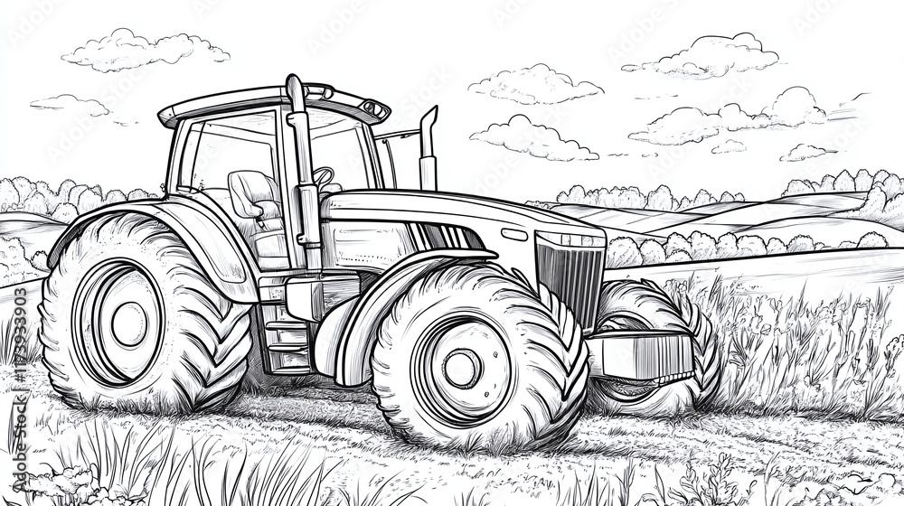 Tractor in nature field coloring book page outline contour drawing ...