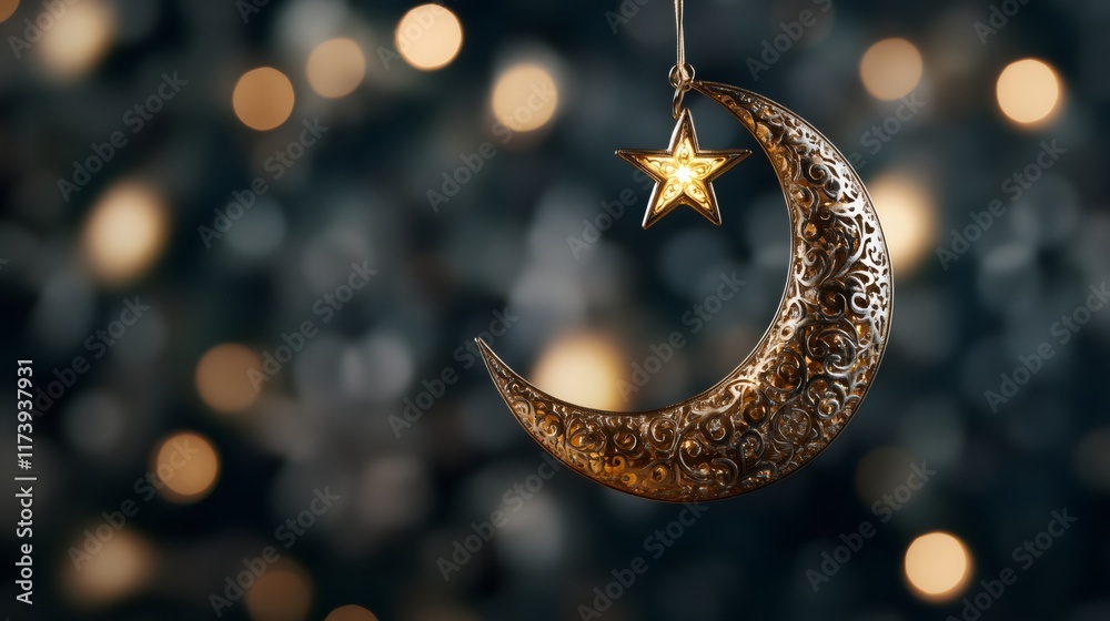 islamic ramadan decor, a detailed shot of a crescent moon and star ...