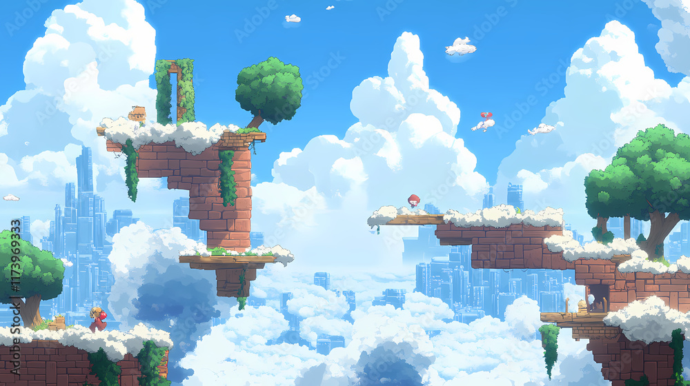Skybound adventure, a whimsical 2d platformer level featuring fluffy cloud floors, floating ...