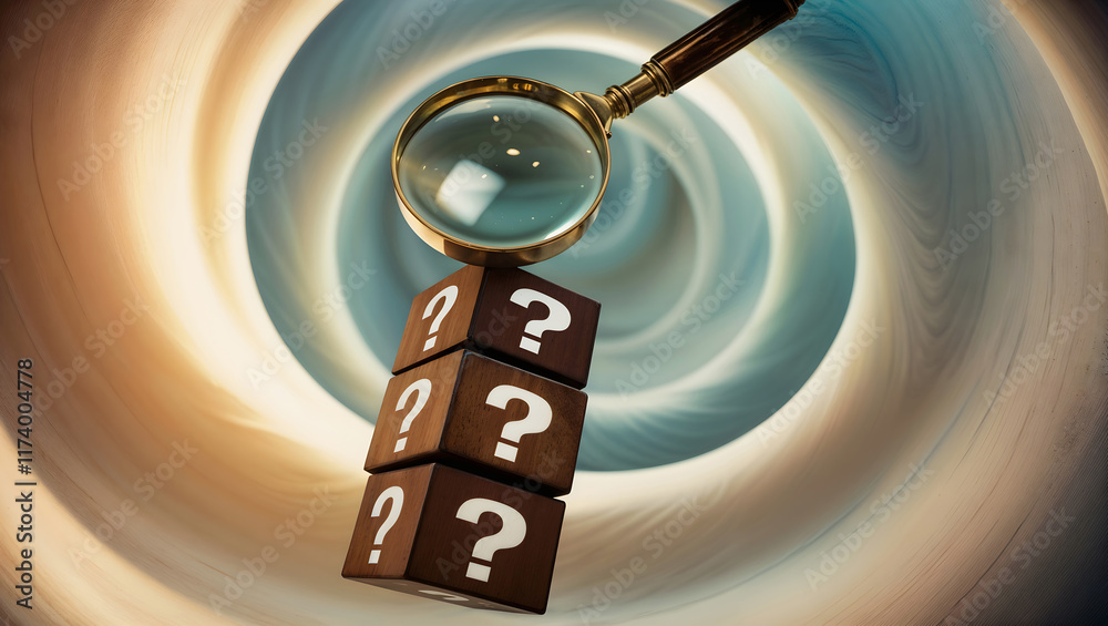 Magnifying glass over blocks with question marks on abstract spiral ...