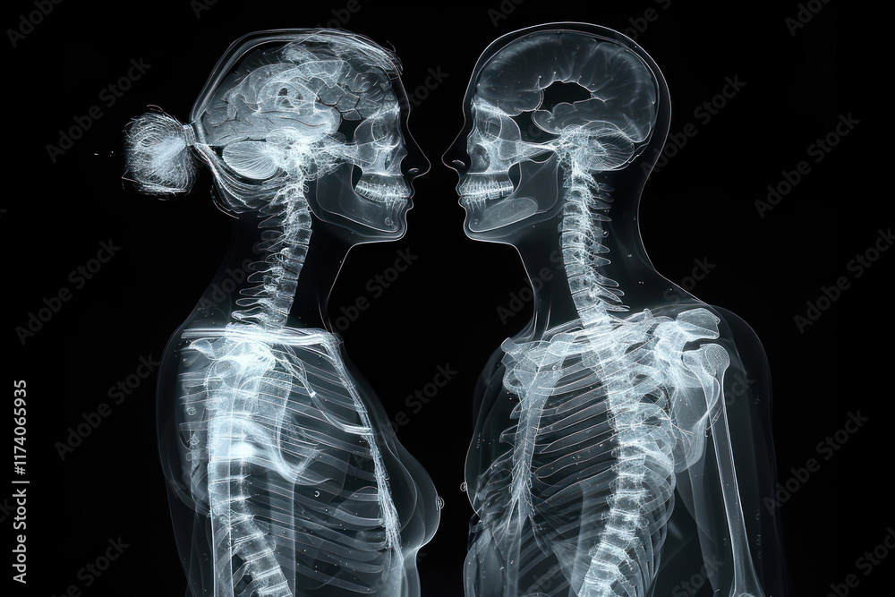 two x-ray photographs of human figures facing each other. One figure is ...