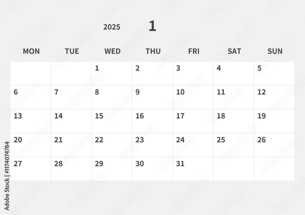 Simple calendar for January 2025, vector, template, gray Stock Vector ...