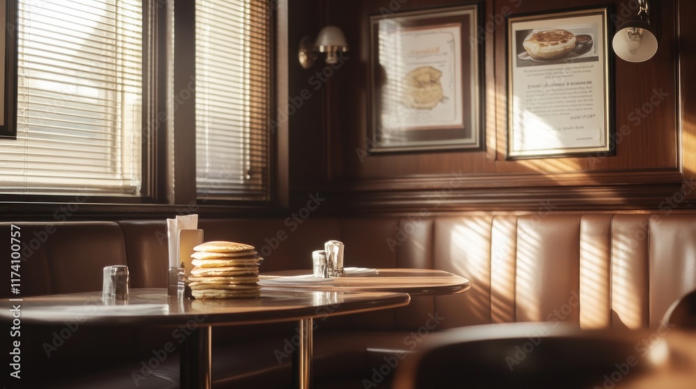 Diner with wood paneling, old-school booths, a stack of pancakes on the ...