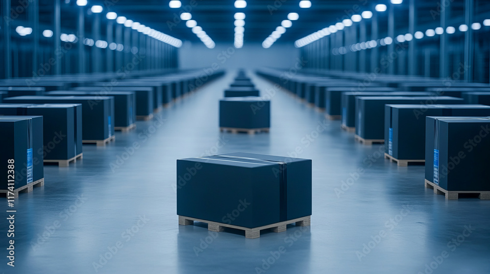 Warehouse with symmetrically arranged shipping boxes on pallets in ...
