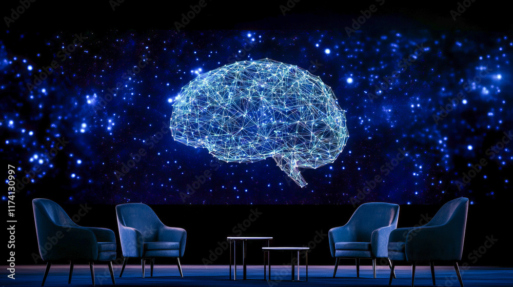 Digital brain network in futuristic virtual meeting space with blue ...