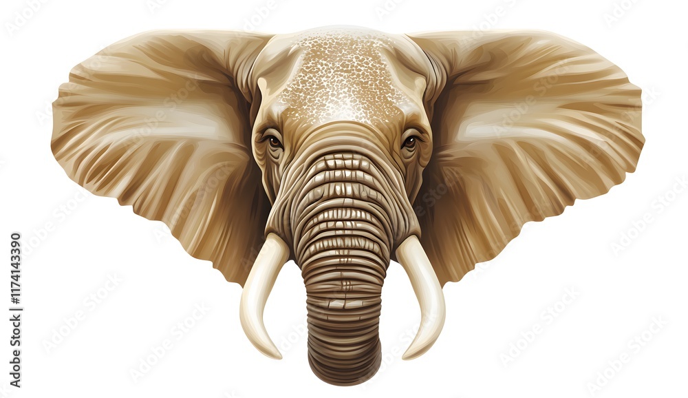 A realistic elephant head in a light brown color, on a white background ...