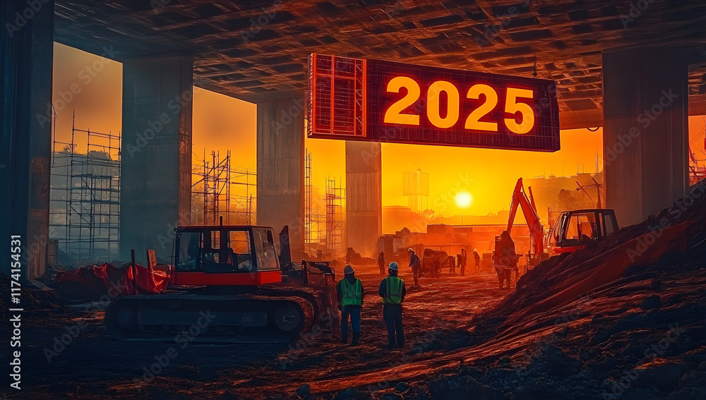 Construction workers building future infrastructure under 2025 sunset ...