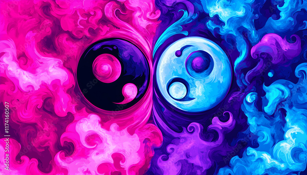 Abstract Yin Yang symbol in vibrant pink and blue swirls, digital art, spiritual balance concept ...