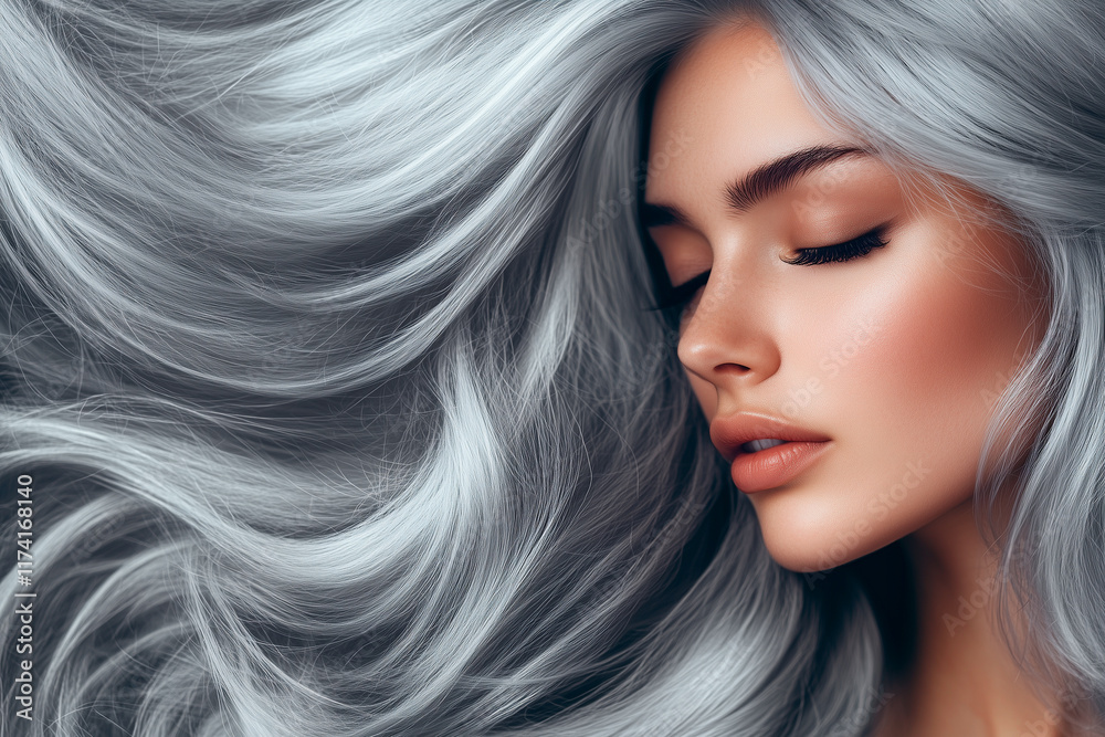 Beautiful girl with healthy long grey hair. Beauty woman with luxurious ...