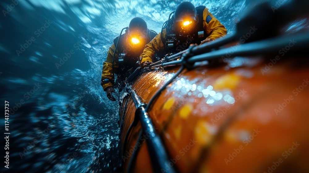 Two divers navigate through the underwater landscape, illuminated by ...