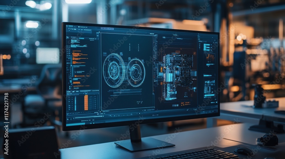 Ilustración de Stock Modern desktop computer displaying advanced engineering software used for ...