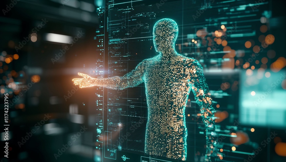A futuristic digital human figure, crafted of glowing particles ...