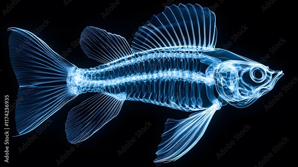 X-ray fish reveals glowing skeletal structure against black background ...