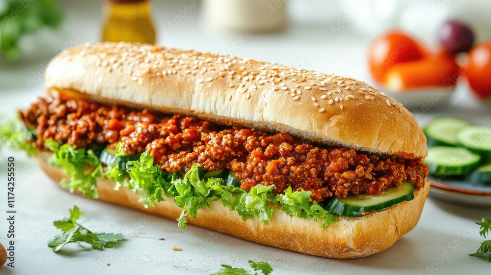 Homemade sloppy joe sub sandwich on sesame seed bread with fresh ...